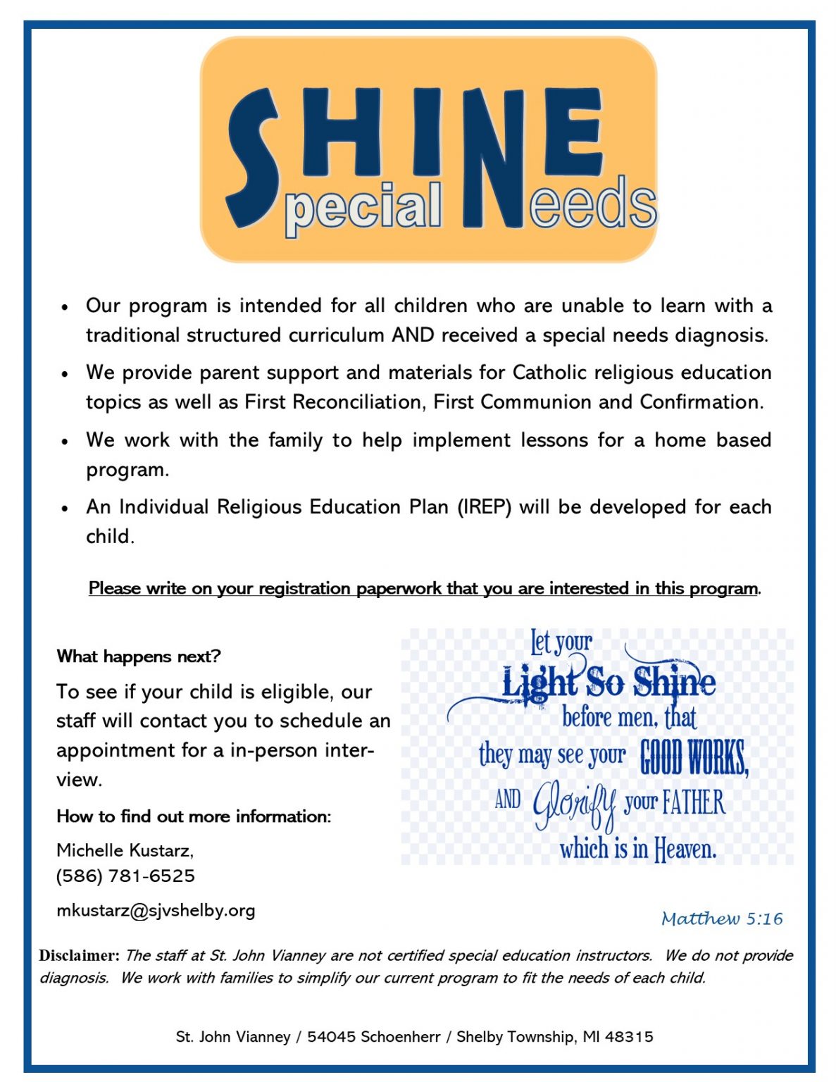 Special Needs Program – St. John Vianney Catholic Church